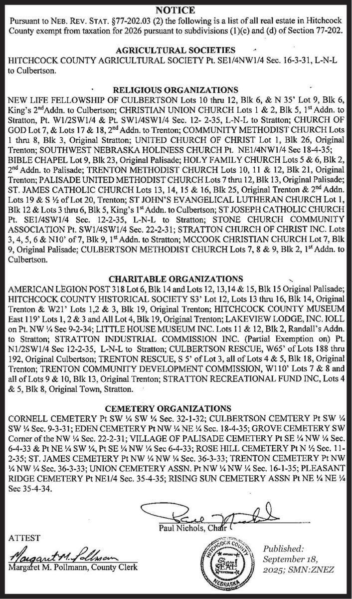 HITCHCOCK COUNTY TAX EXEMPT LIST – 2025 – Scoop Media