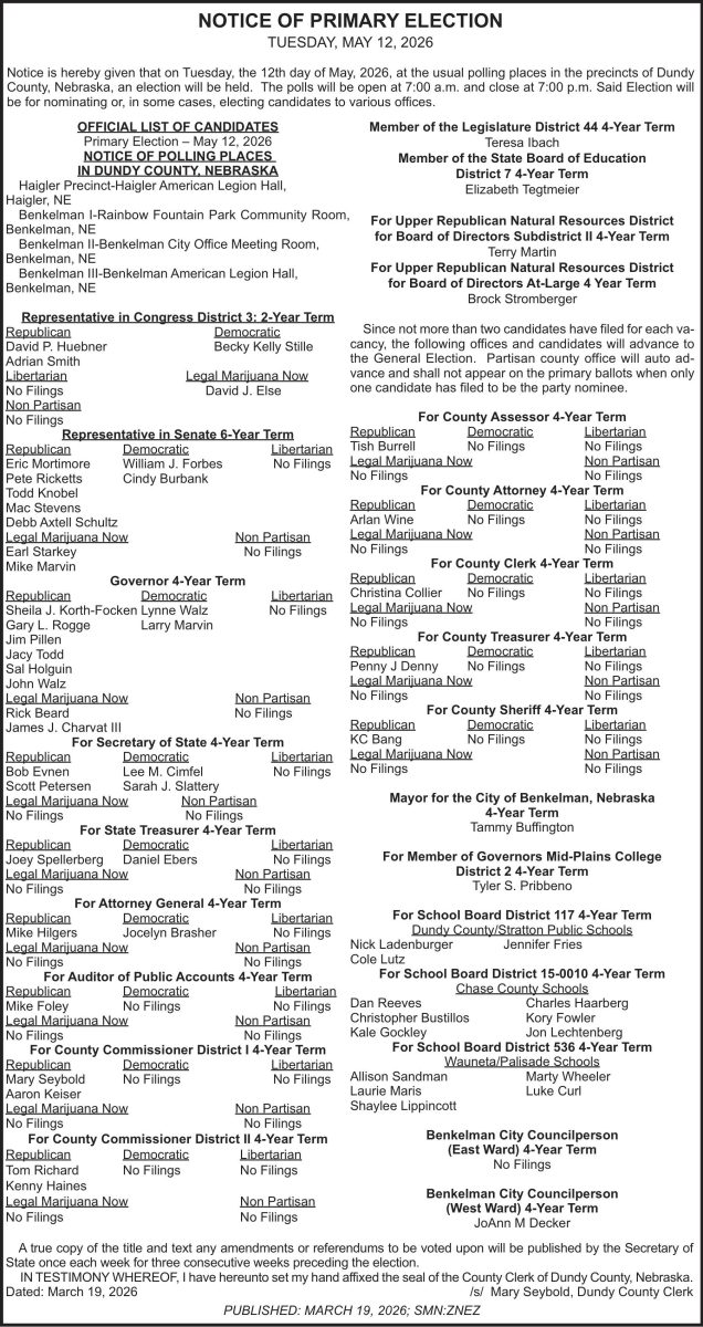 NOTICE OF PRIMARY ELECTION – DUNDY COUNTY – Scoop Media